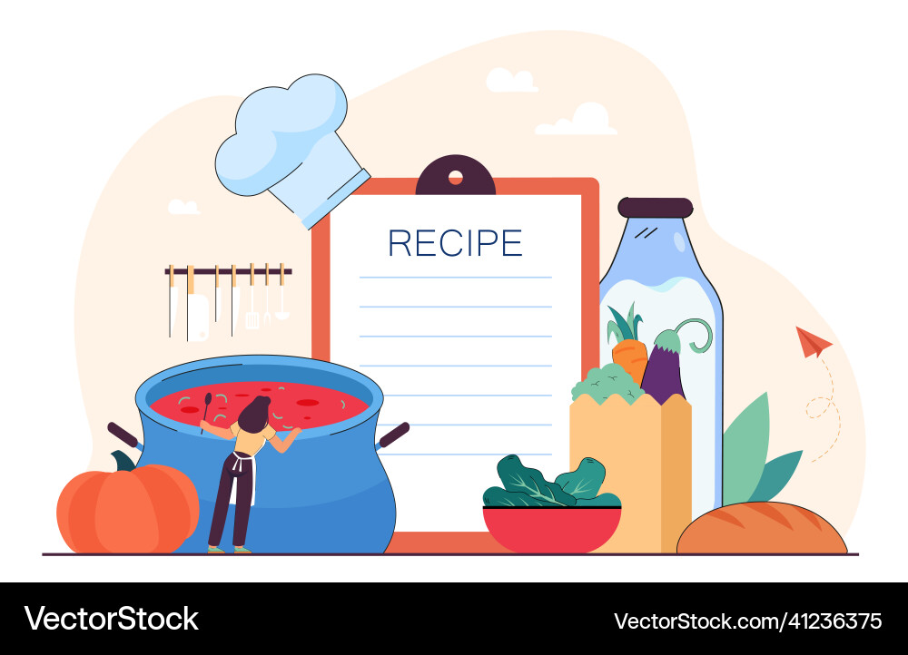 Tiny female chef cooking vegan meal using recipe Vector Image