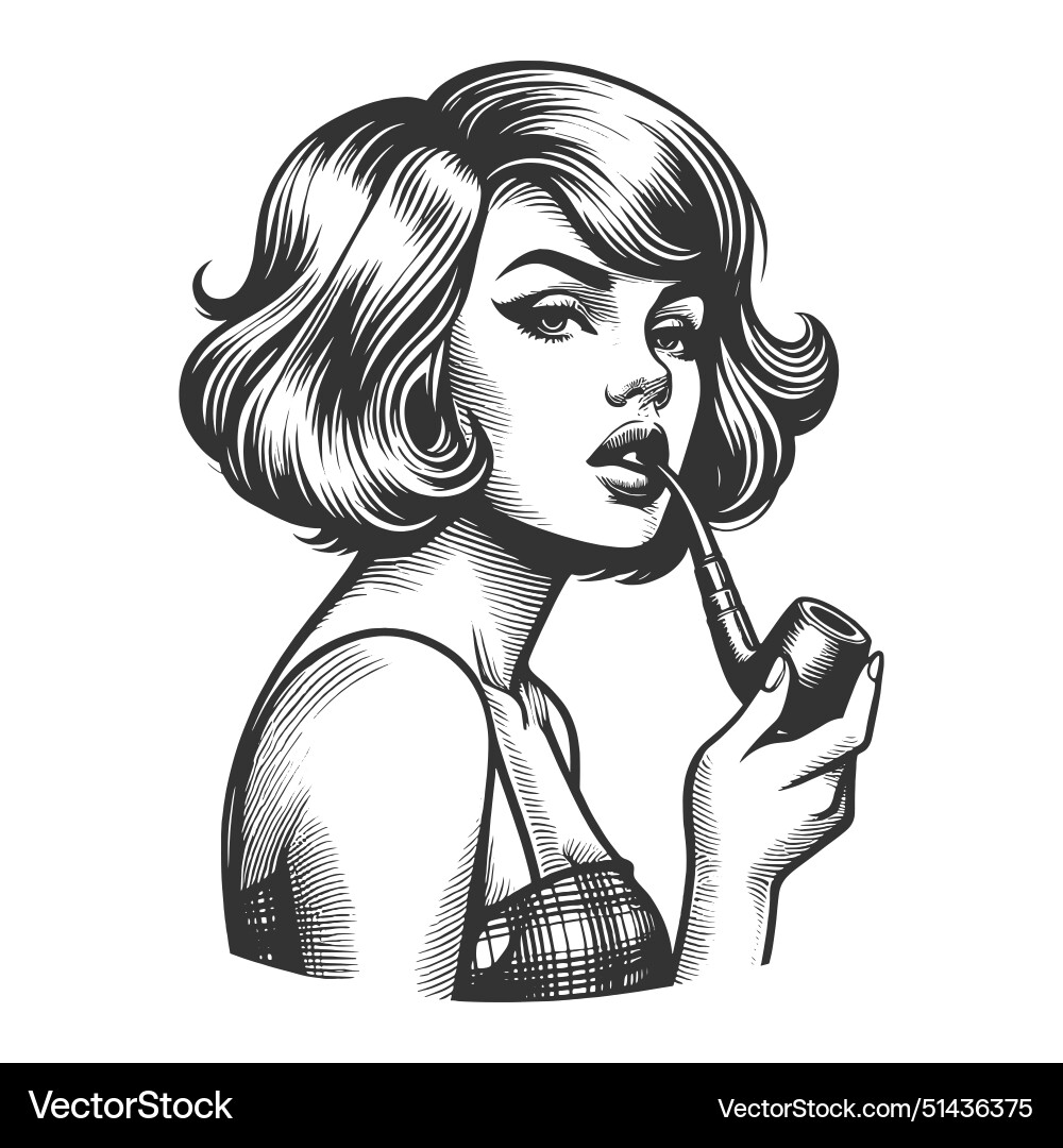 Woman smoking pipe engraving Royalty Free Vector Image