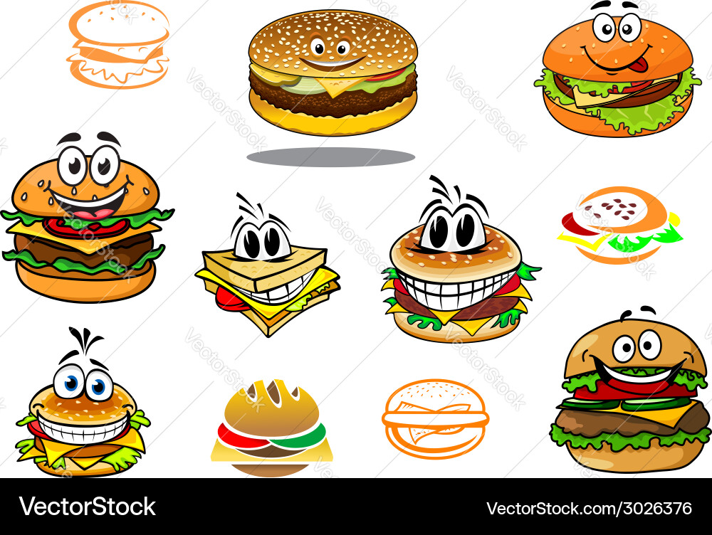 Happy takeaway cartoon hamburger characters Vector Image