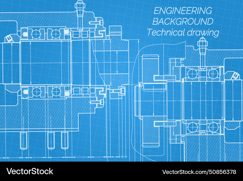 Mechanical engineering drawings on blue background