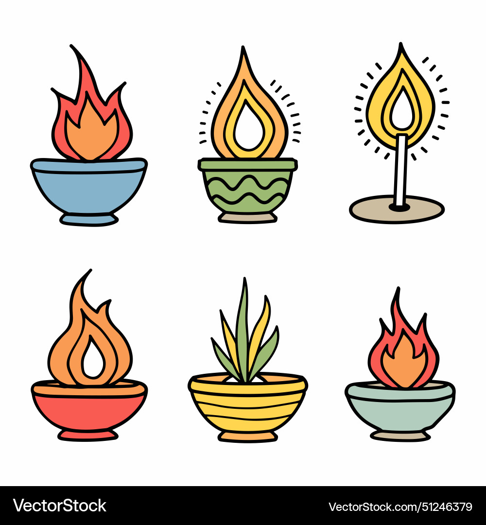 Six colorful bowls containing fire flames one Vector Image