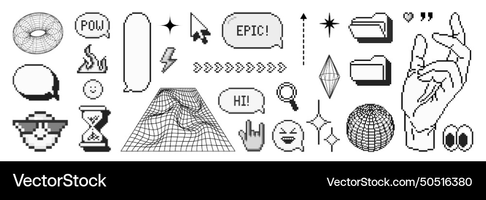 Set of pixel graphic shape and wireframe models Vector Image