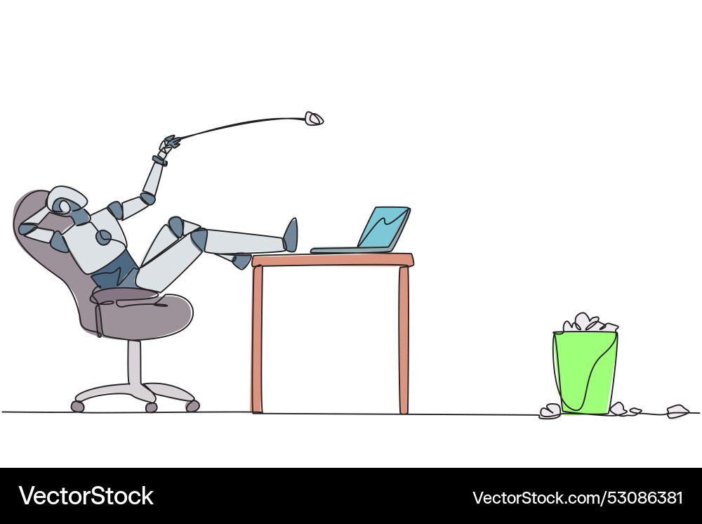 Single one line drawing robot sitting in chair Vector Image