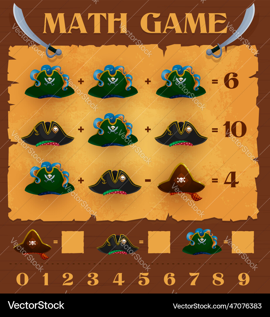 Pirate Hat Math Game Worksheet Royalty Free Vector Image