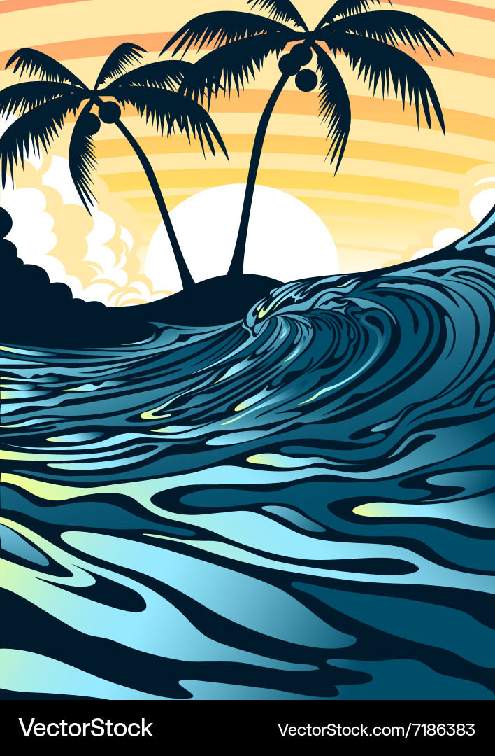 Surf beach at sunrise with palm trees Royalty Free Vector