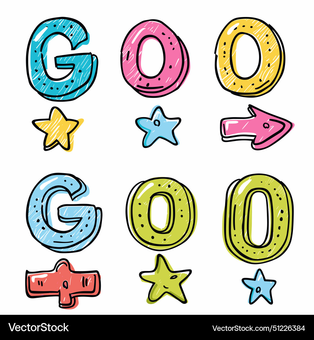 Handdrawn style colorful letters spelling go twice