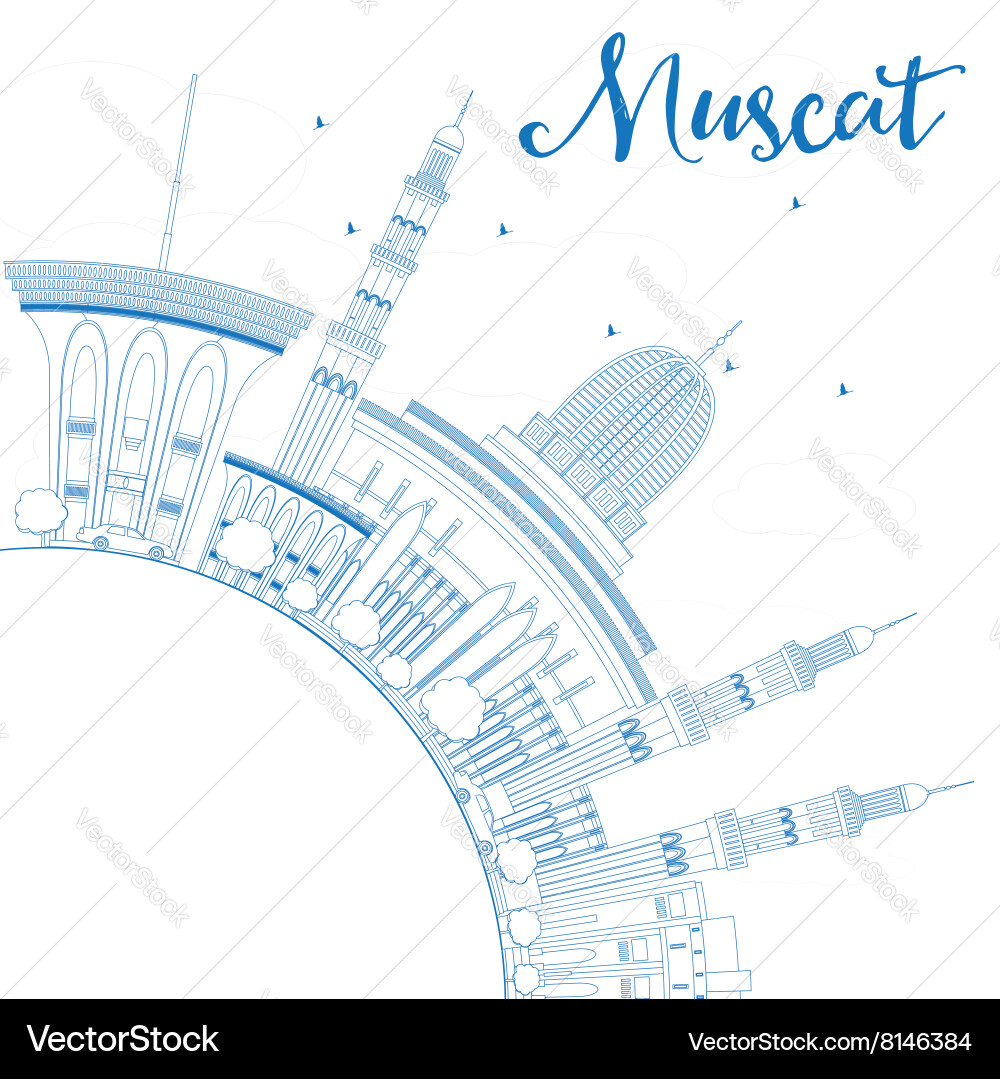 Outline muscat skyline with blue buildings Vector Image