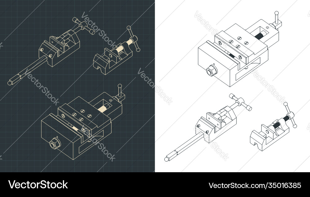 Bench vice isometric drawings mini set Royalty Free Vector
