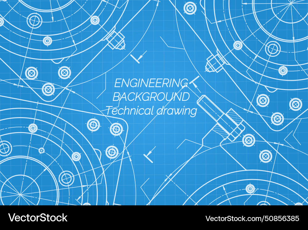 Mechanical engineering drawings on blue background