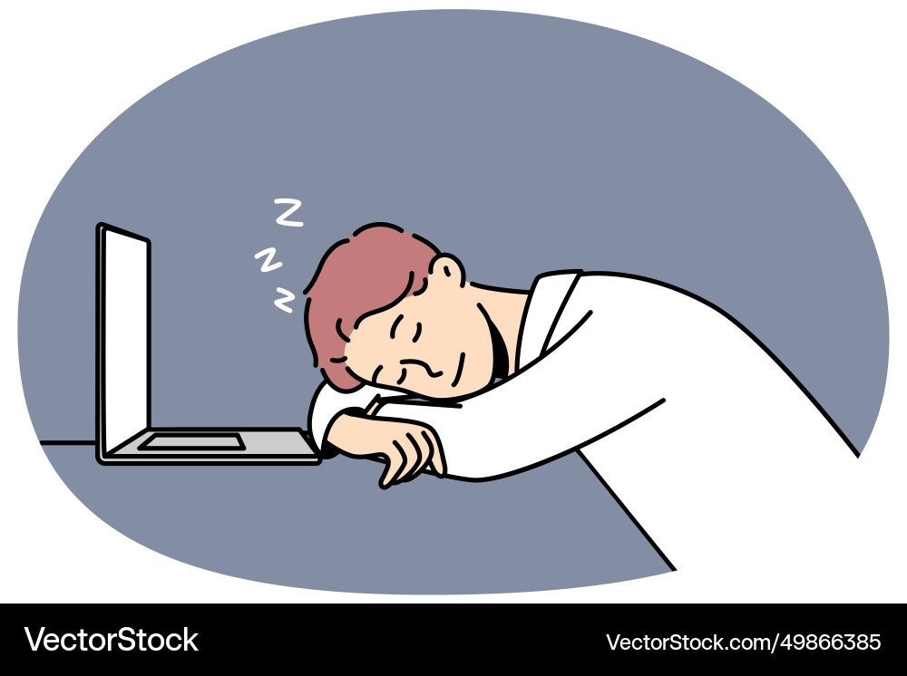 Tired man fall asleep at workplace Royalty Free Vector Image