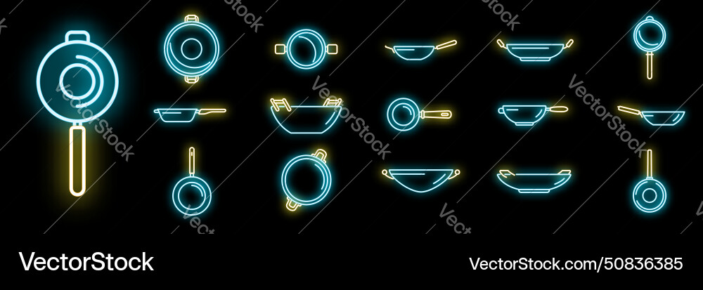 Wok frying pan icons set neon Royalty Free Vector Image