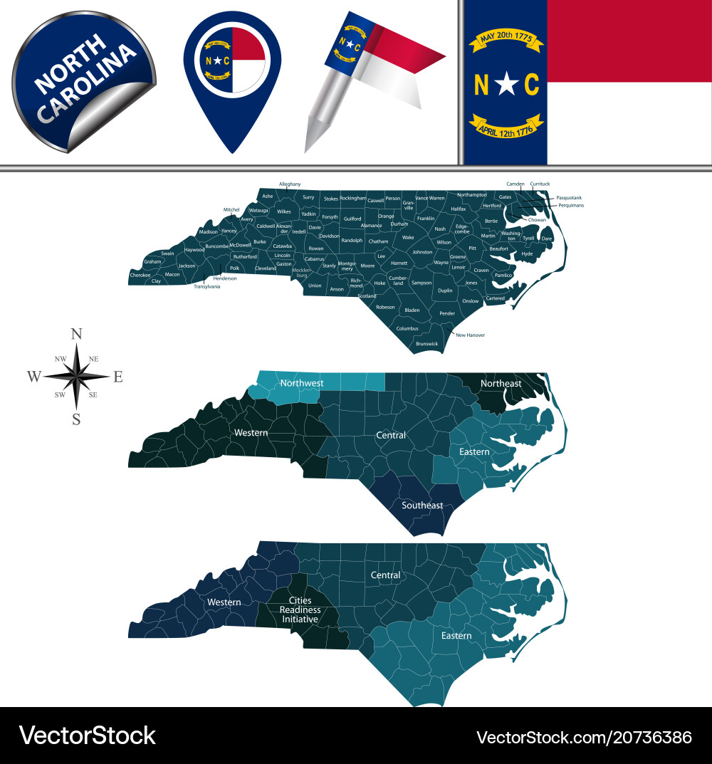 North Carolina Map with Regional Divisions Vector Image