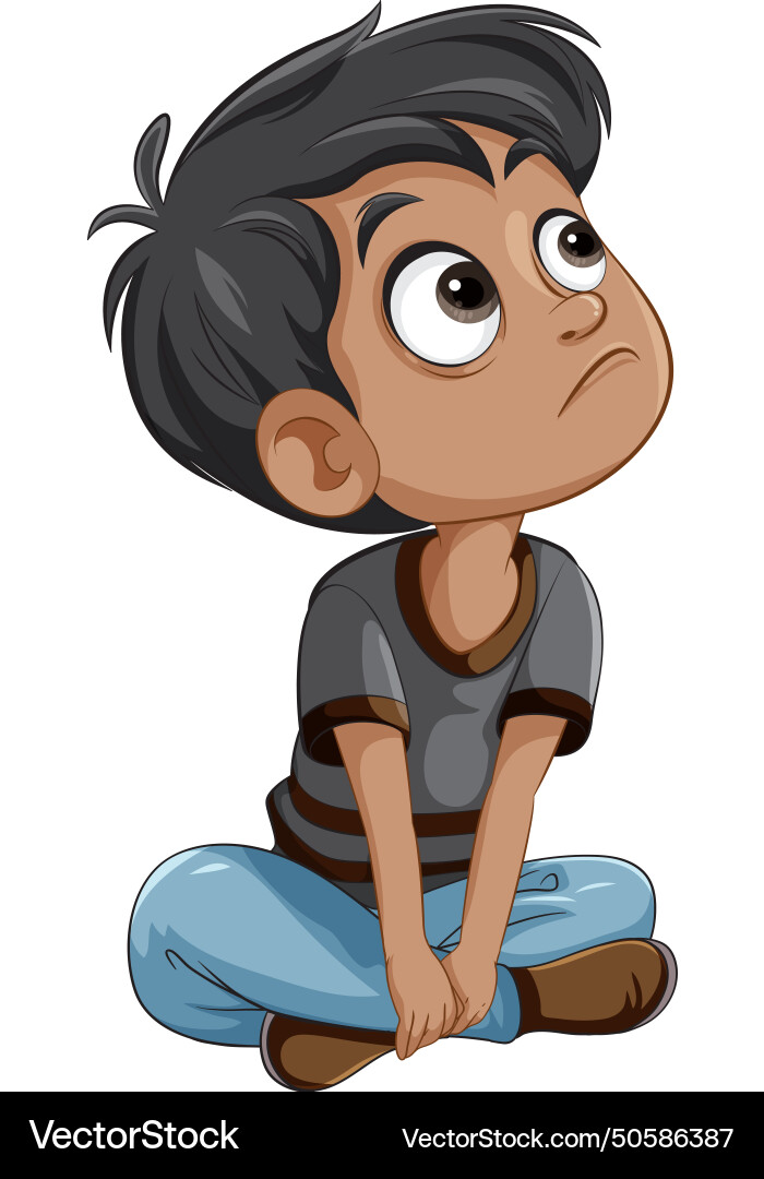 Cartoon boy sitting looking up with a curious Vector Image