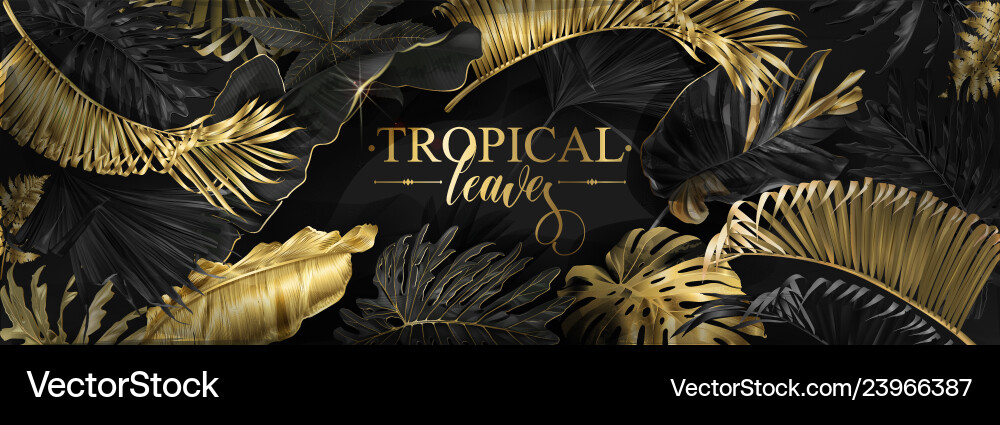 Horizontal banner with gold tropical leaves Vector Image