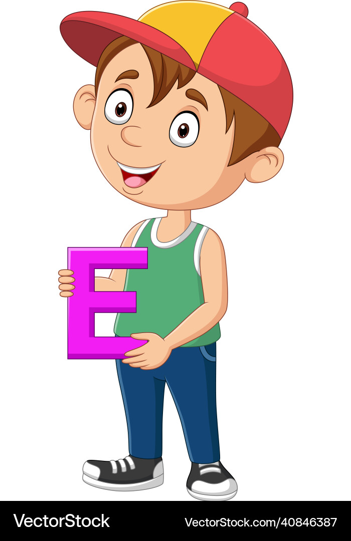 Little boy cartoon holding alphabet letter e Vector Image