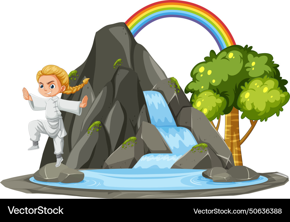 Animated karate kid practicing moves near Vector Image