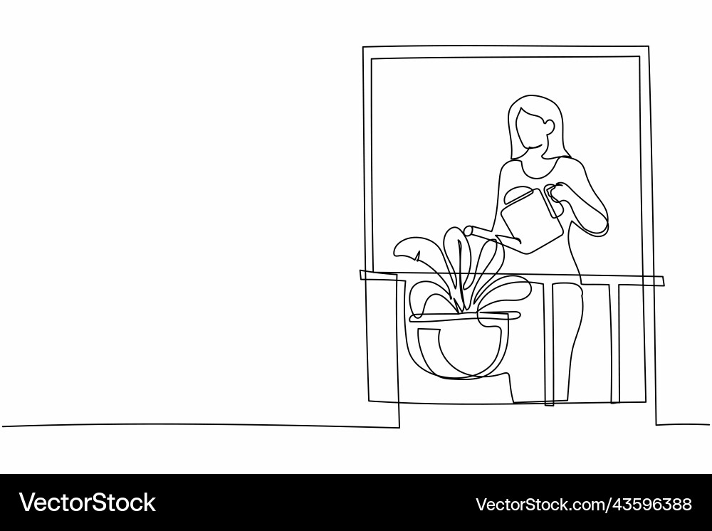 Continuous one line drawing active woman watering Vector Image