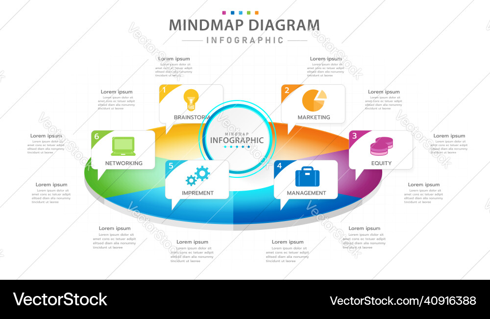 Infographic 6 steps mindmap diagram pie chart Vector Image