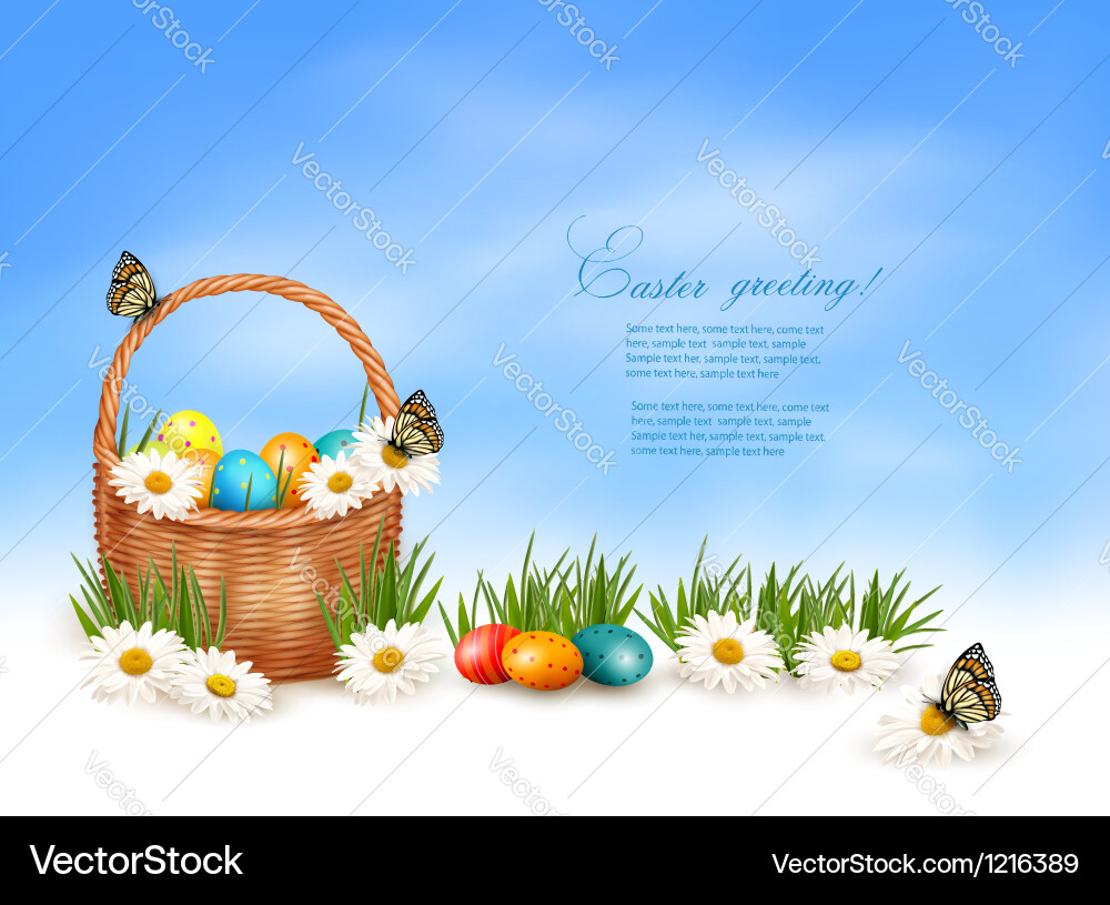 Easter Basket with Eggs and Flowers Royalty Free Vector