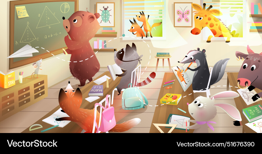 Animals study in school classroom reading books Vector Image