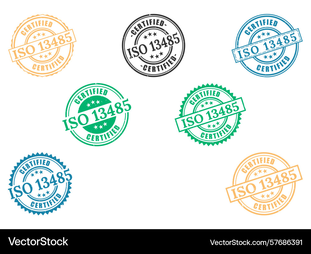Iso 13485 certified grunge stamp collection Vector Image