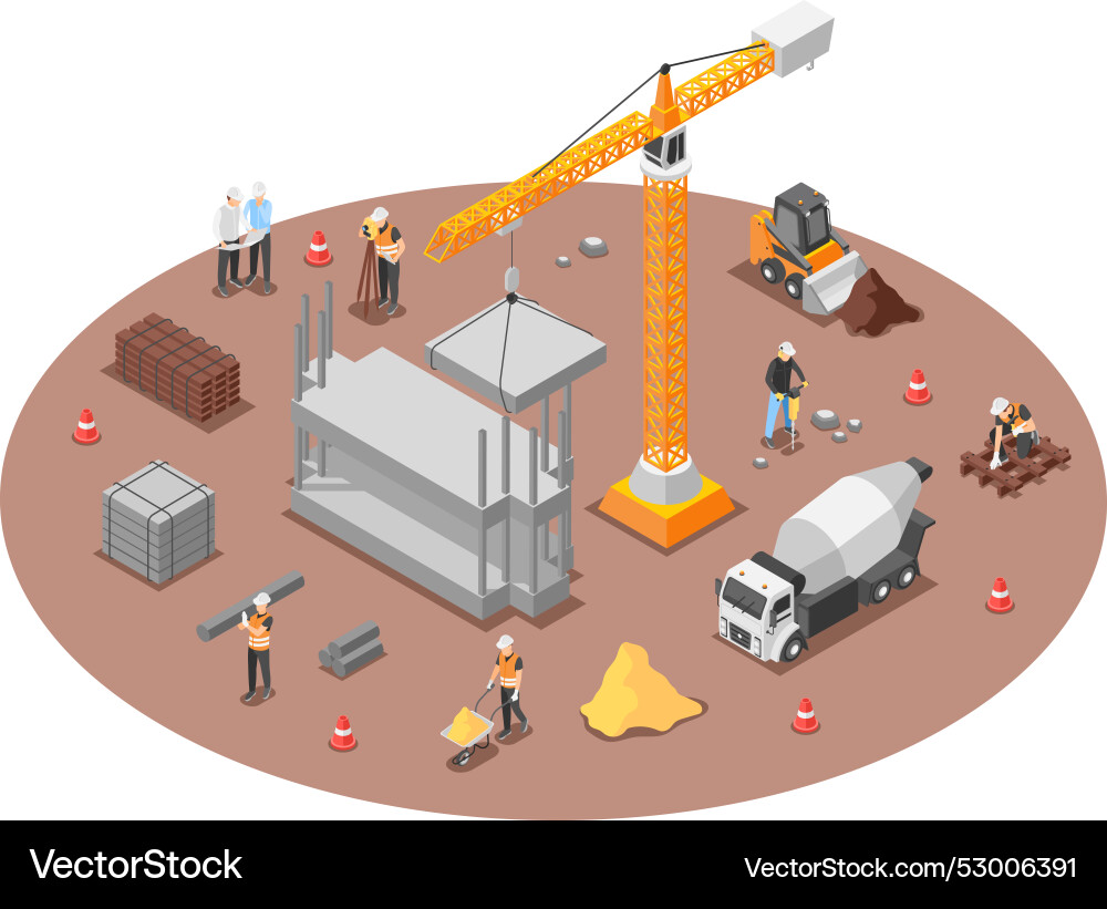 Isometric building construction 3d scene Vector Image