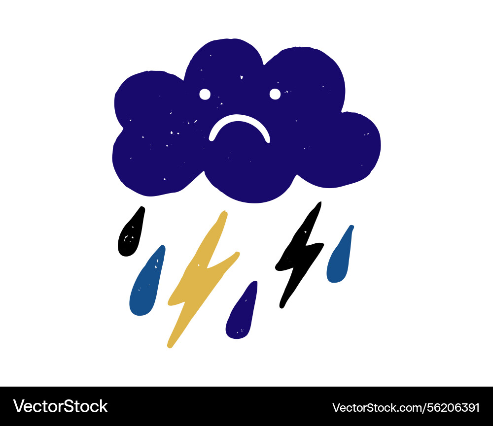 Sad blue cartoon doodle cloud lightning Royalty Free Vector