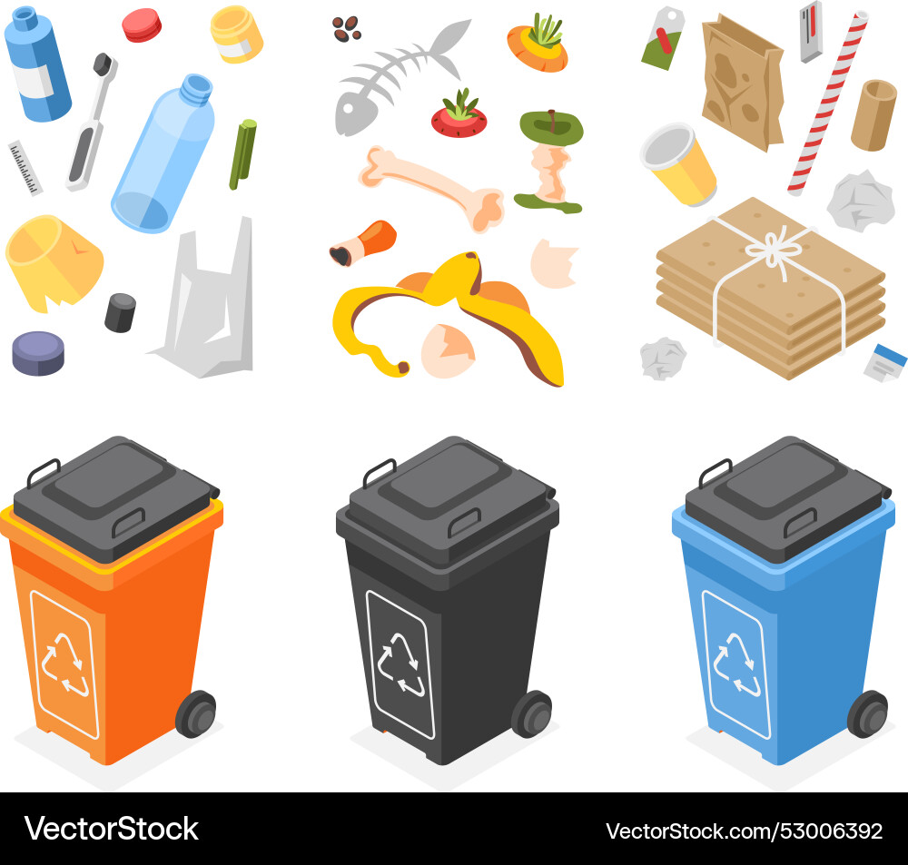 Isometric garbage trash cans waste bins Royalty Free Vector