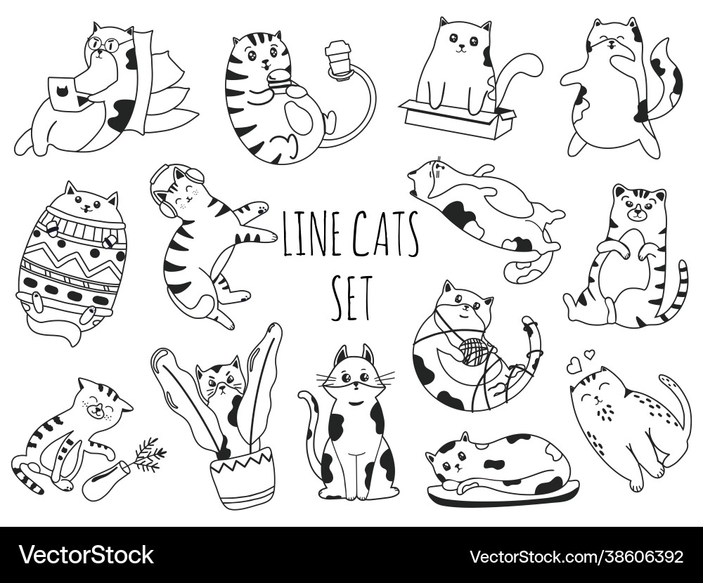 Line doodle cats set cute kittens working Vector Image