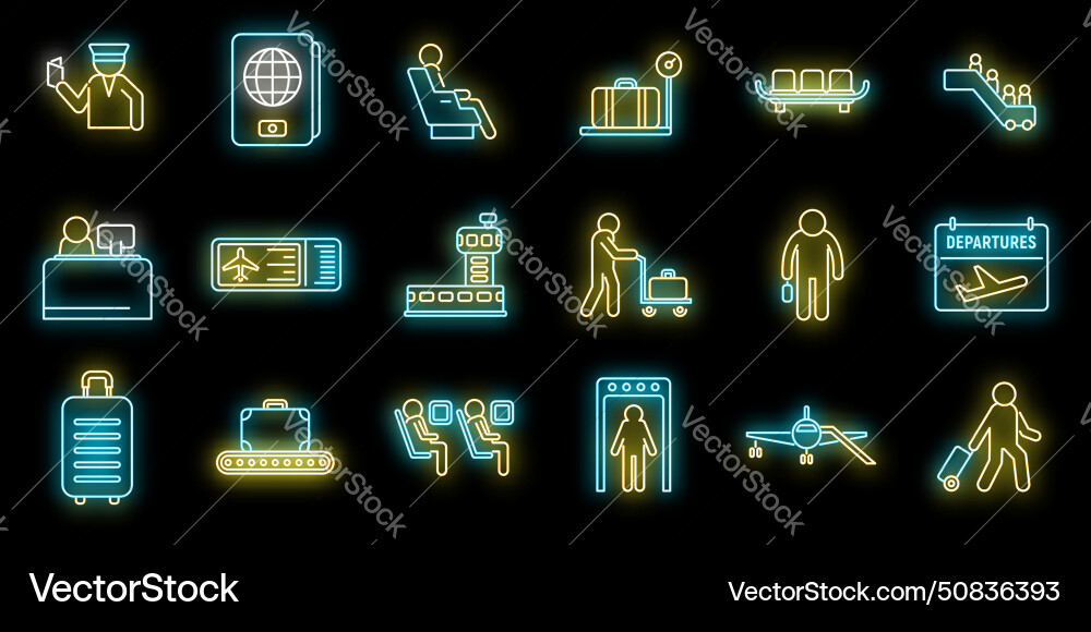 Airline passengers icons set neon Royalty Free Vector Image