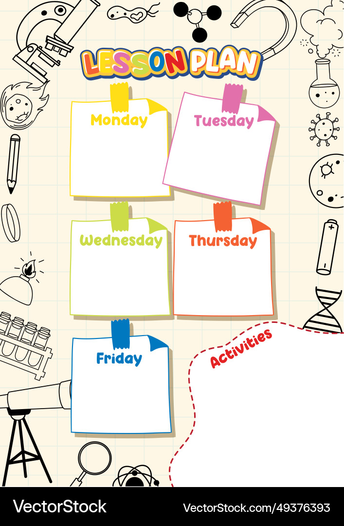 Weekly lesson plan template for monday to friday Vector Image