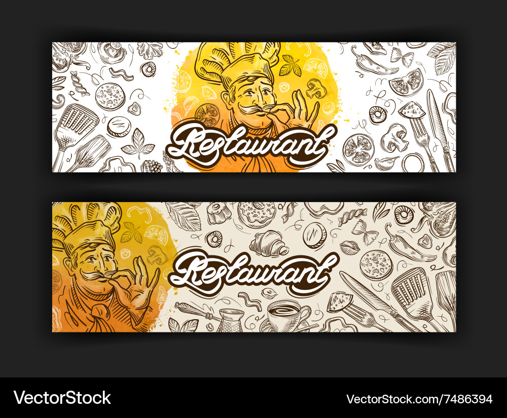 Hand drawn restaurant sketch and food Royalty Free Vector