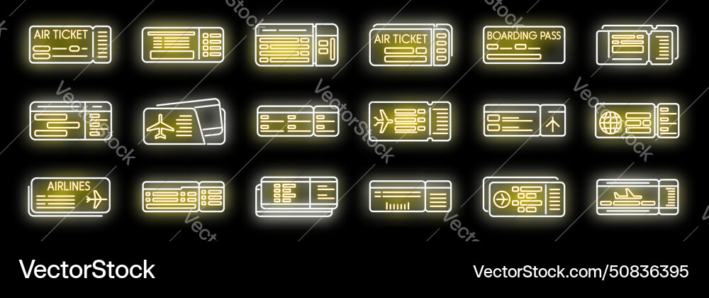 Airline tickets icons set neon Royalty Free Vector Image