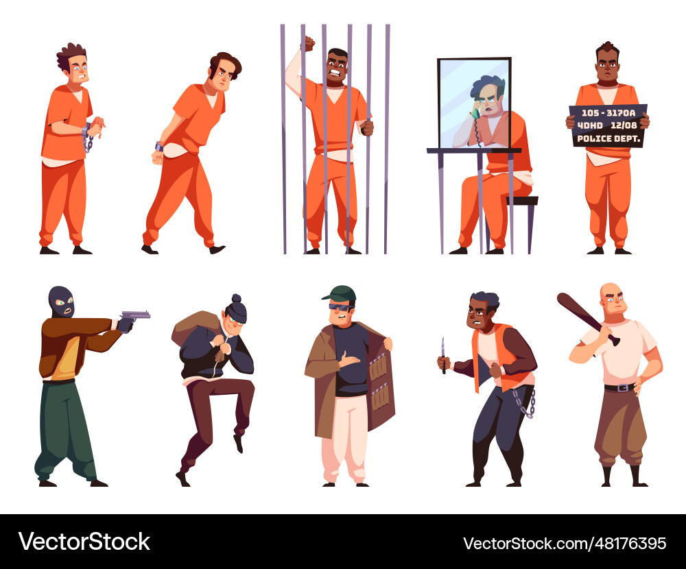 Cartoon criminal characters on outside Royalty Free Vector