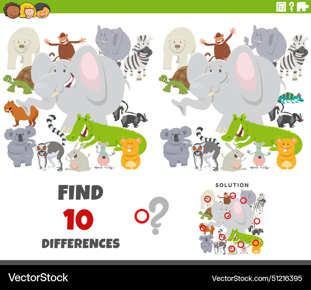 Differences game with cartoon wild animals group Vector Image