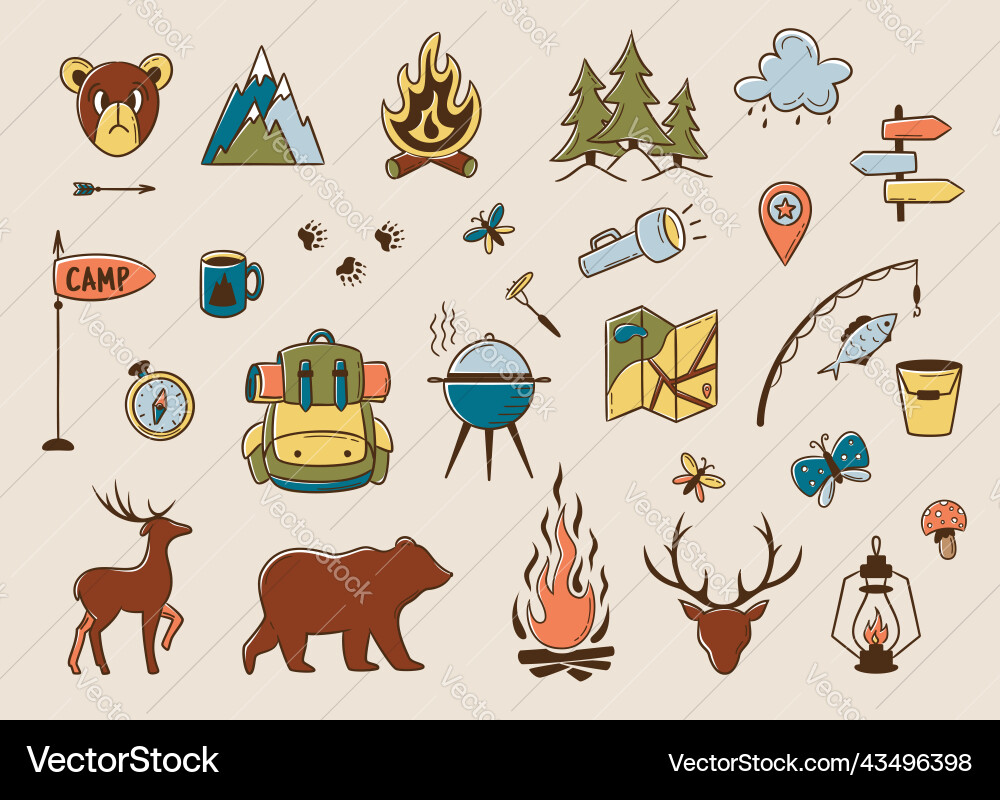 Camping and hiking colored elements outdoor Vector Image
