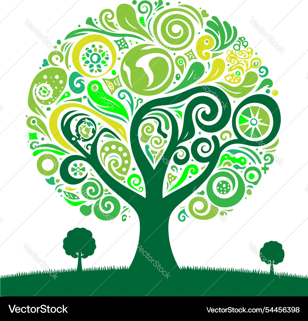 Ornate green tree with swirls Royalty Free Vector Image