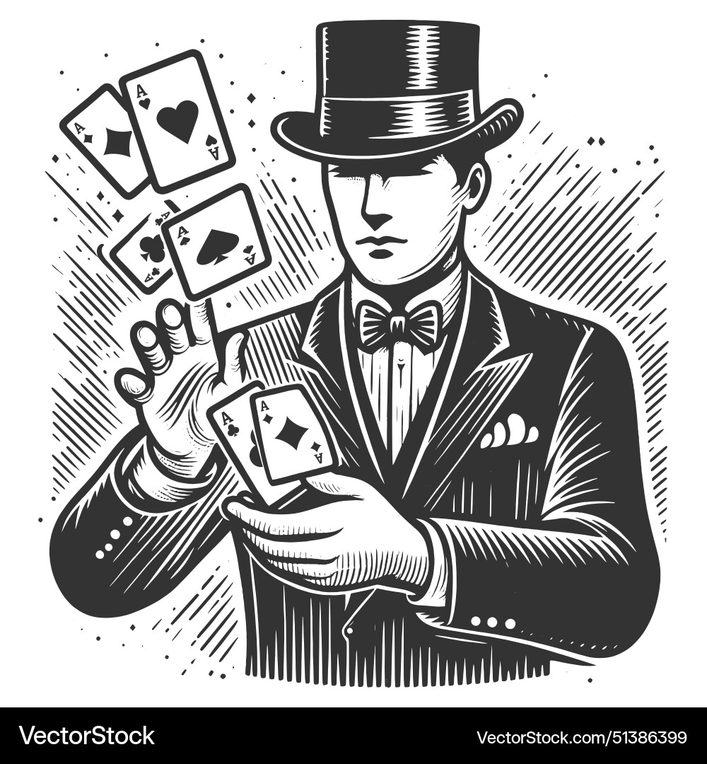 Magician performing card trick engraving Vector Image