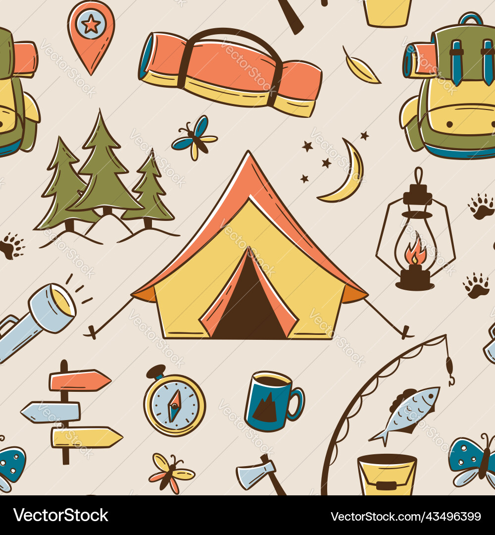 Seamless summer camp pattern travel and overnight Vector Image