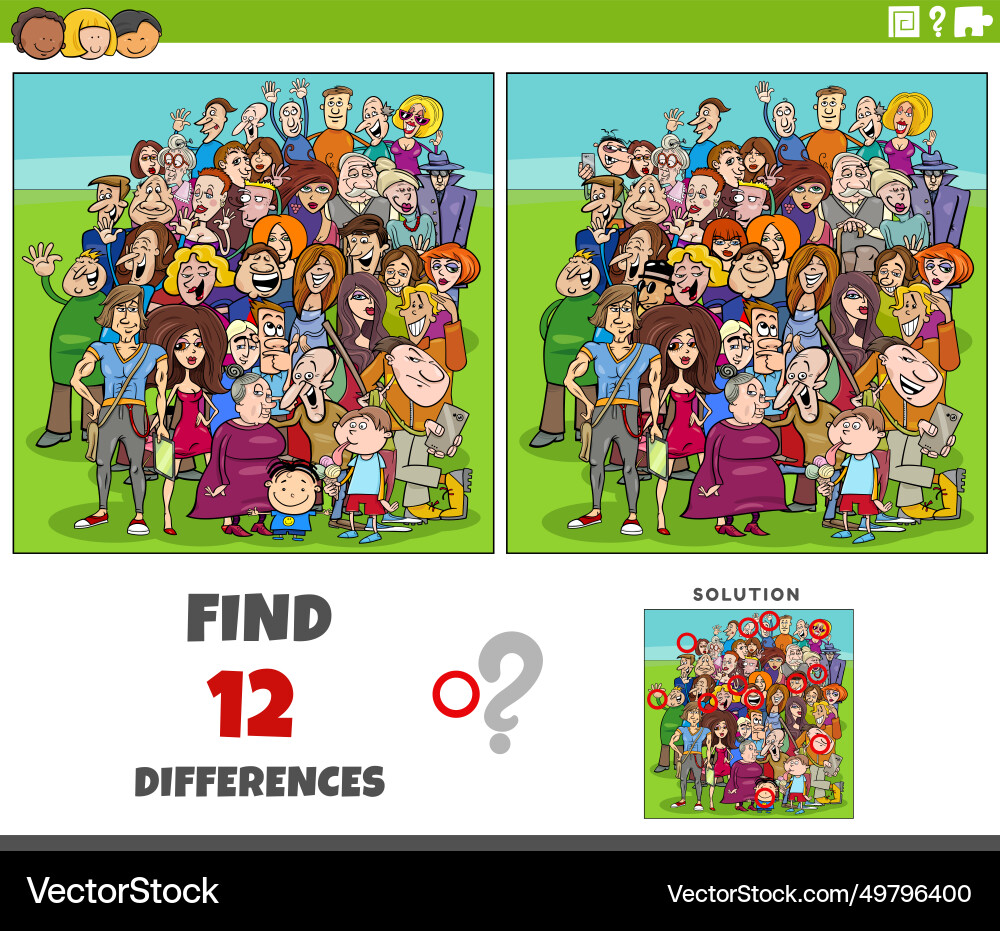 Differences game with funny cartoon people crowd Vector Image