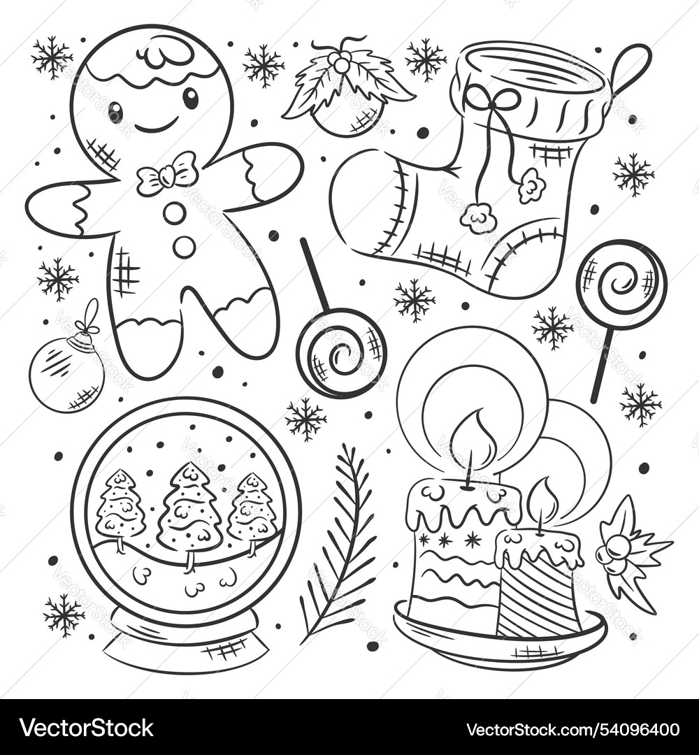 Hand drawn coloring christmas elements collection Vector Image