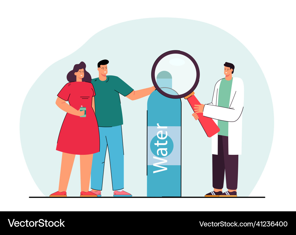 Tiny people drinking water and man with magnifier Vector Image