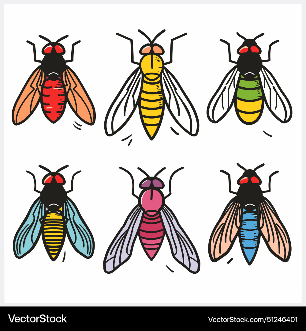 Six colorful cartoon bees arranged two rows three Vector Image