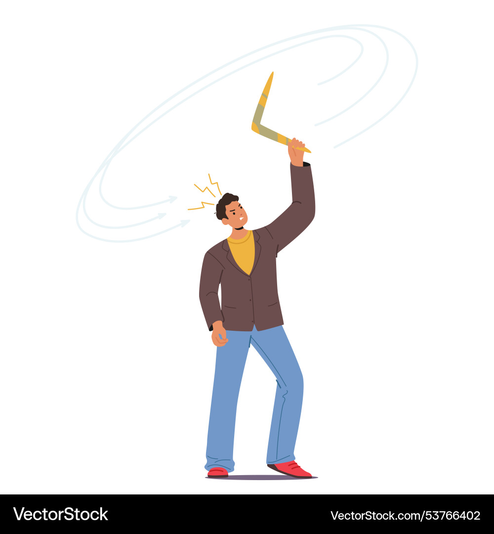 Surprised Man Throwing A Boomerang That Comes Back