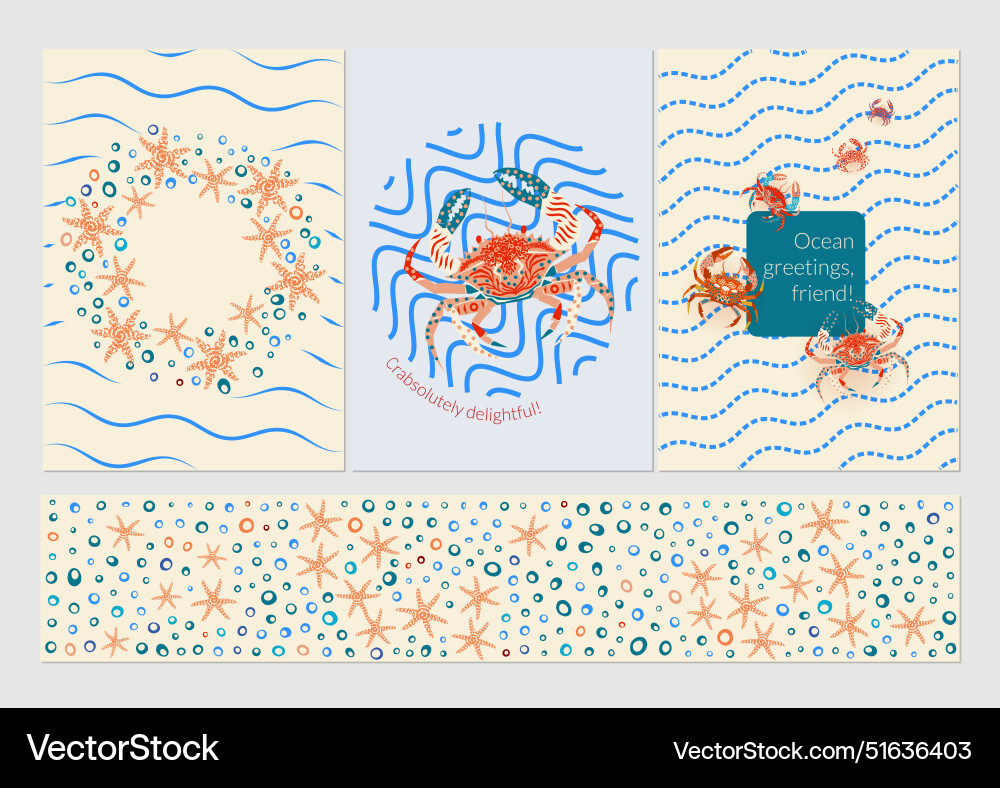 Crab greeting card set in flat style on blue Vector Image
