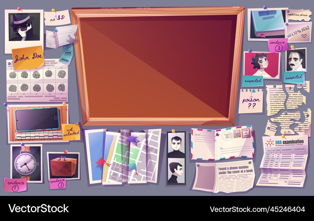 Empty detective board and evidences Royalty Free Vector