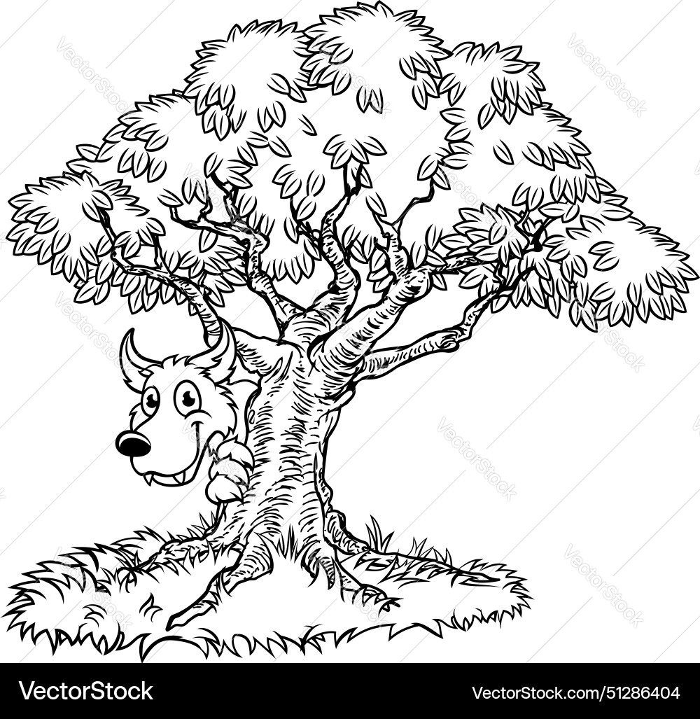 Fairytale Big Bad Wolf And Tree Cartoon Royalty Free Vector
