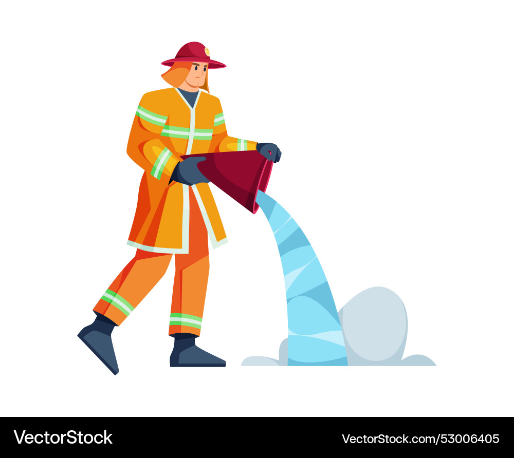 Brave firefighter pouring water on fire spots Vector Image