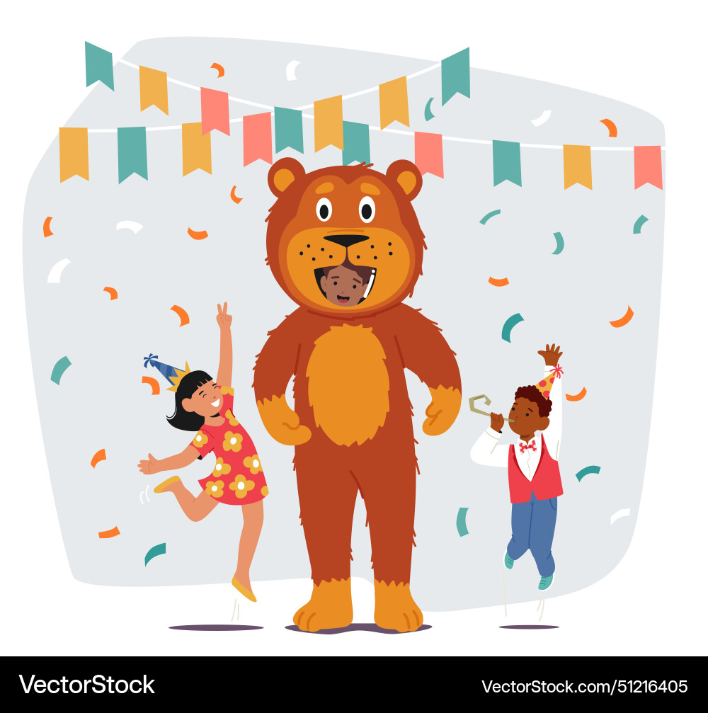 Kids dancing joyfully with entertainer dressed Vector Image