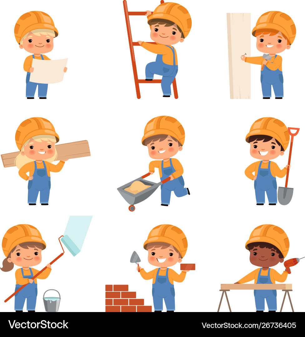 Little builders children with construction tools Vector Image